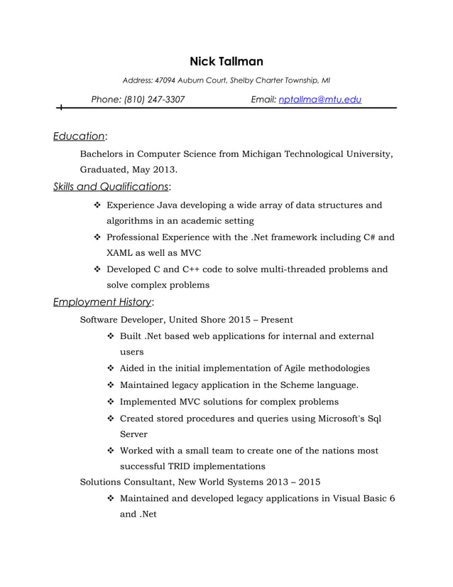 Resume | DOC | Programming Languages | Computing
