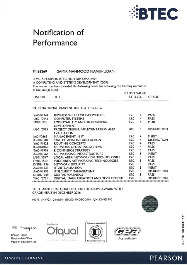 Btec Diploma - Samir Mahmood Nanjihudani | PDF
