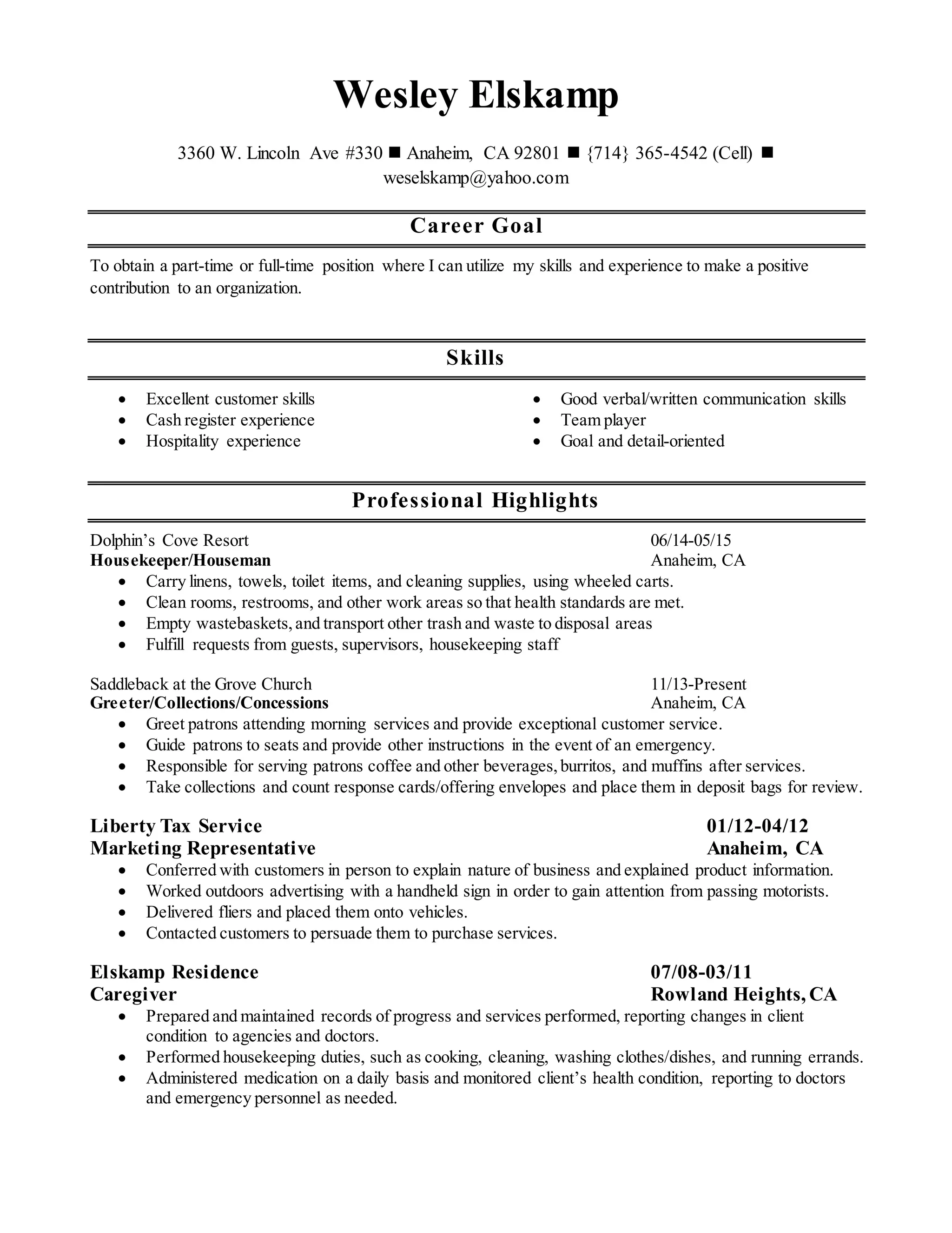 Wesley Elskamp.housekeeping resume (9) | PDF