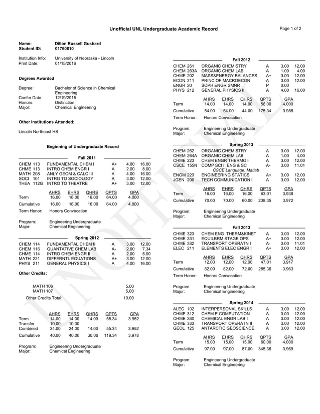 Completed CHME Transcript | PDF | Undergraduate Education | College ...