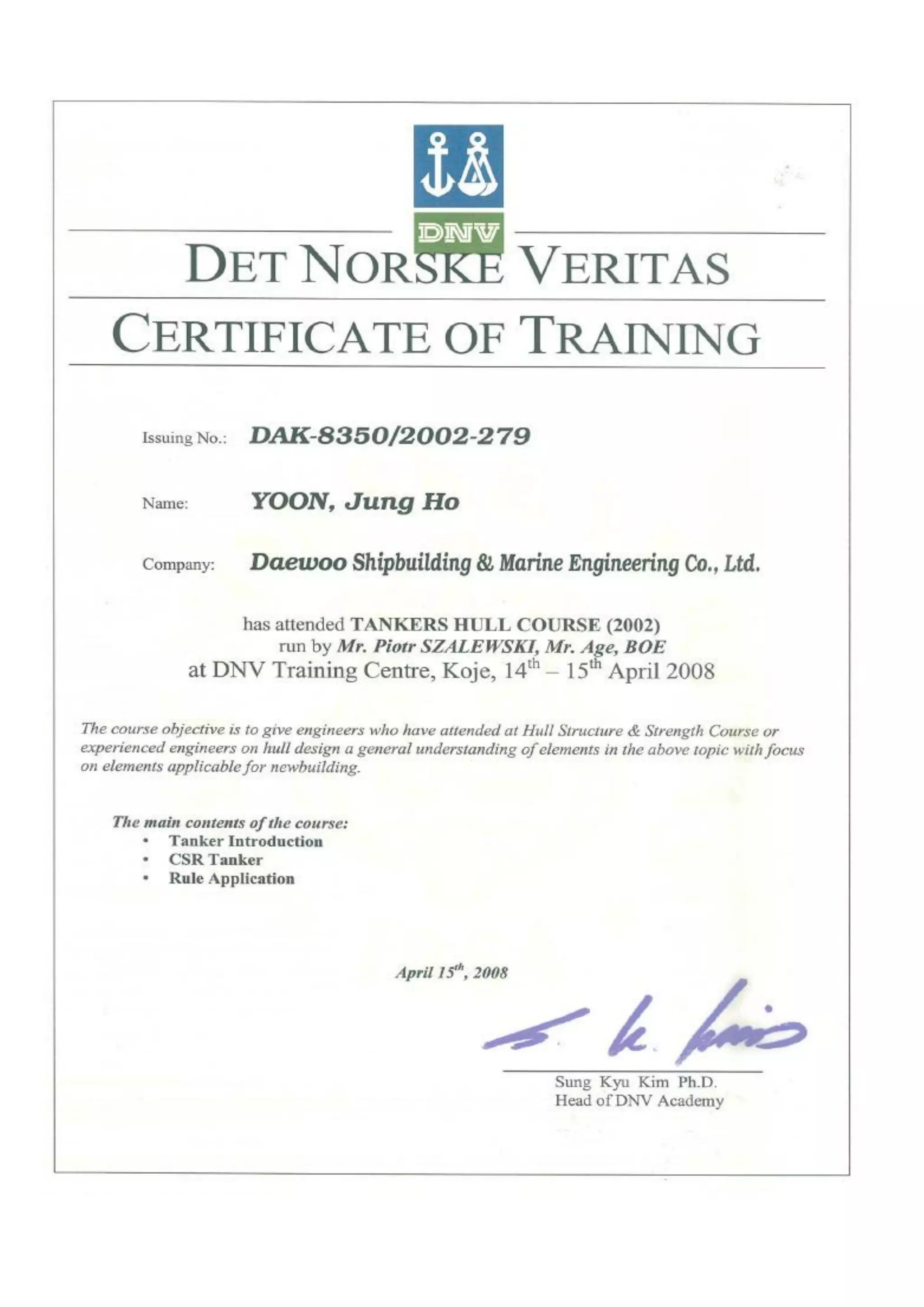 DNV TRAINING CERT(TANKER) | PDF