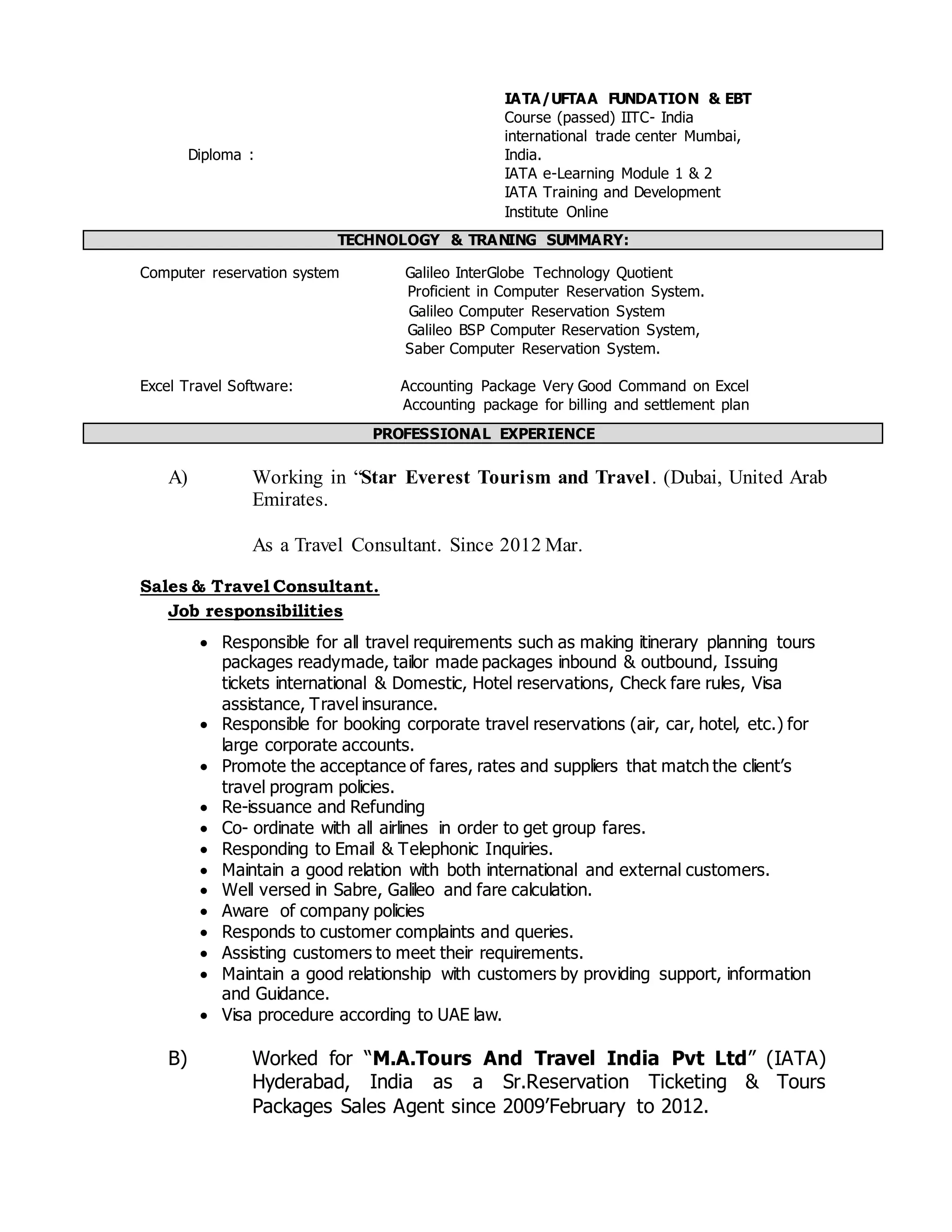 Sikander Mohammed Resume... Travel, Sales Executive | PDF