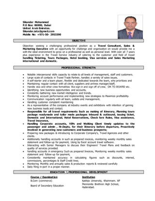 Sikander Mohammed Resume... Travel, Sales Executive | DOCX