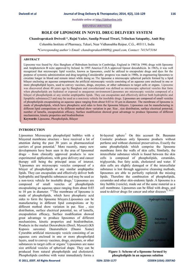 ROLE OF LIPOSOME IN NOVEL DRUG DELIVERY SYSTEM | PDF