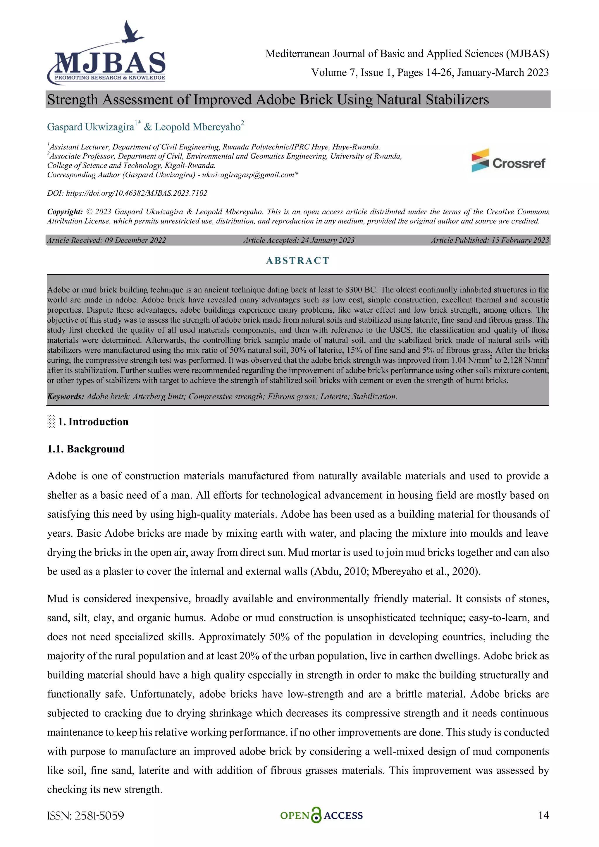 Strength Assessment of Improved Adobe Brick Using Natural Stabilizers | PDF