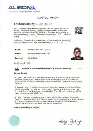 ACADEMIC TRANSCRIPT DIPLOMA IN BUSINESS MANAGEMENT & ENTREPRENEURSHIP 1 ...