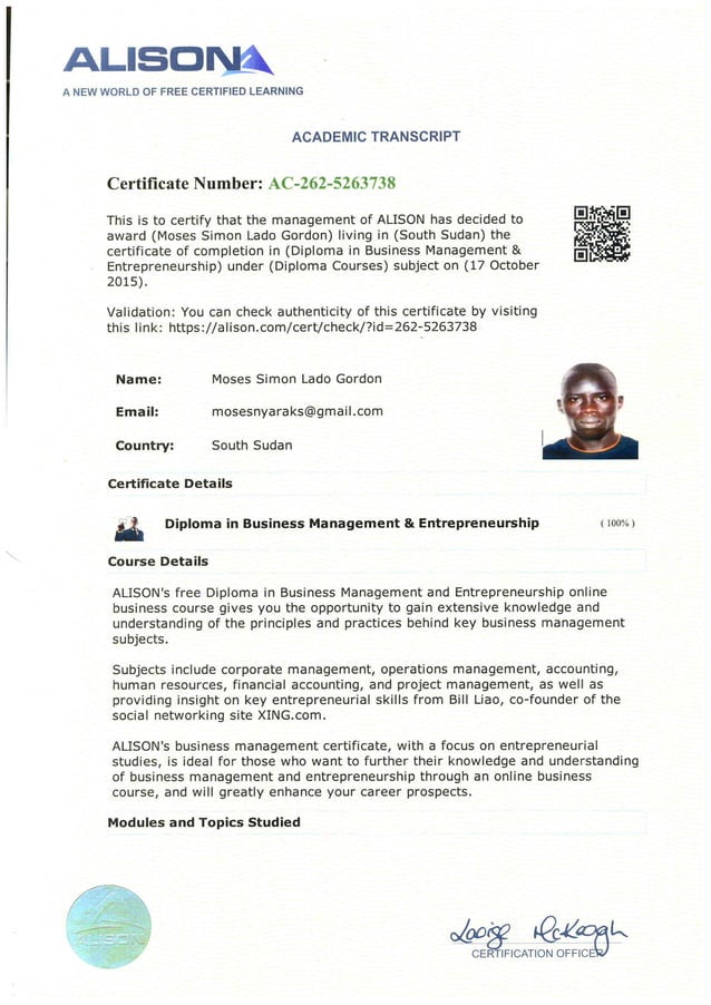 ACADEMIC TRANSCRIPT DIPLOMA IN BUSINESS MANAGEMENT & ENTREPRENEURSHIP 1 ...