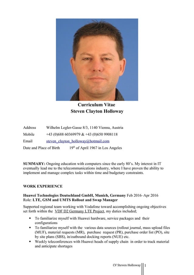 CV of Steven Holloway - May 2016 | PDF