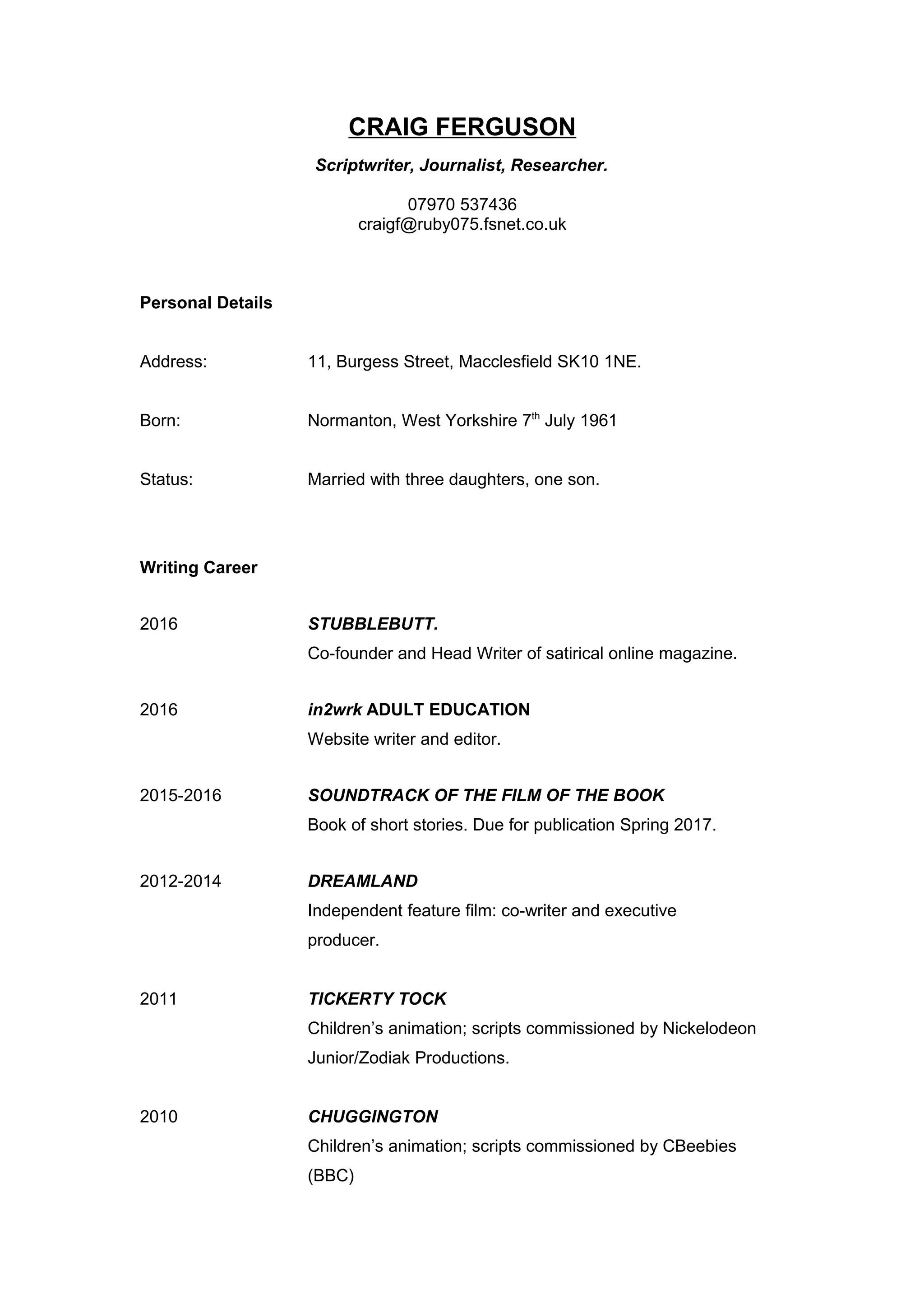 CRAIG FERGUSON 2016 CV | DOC