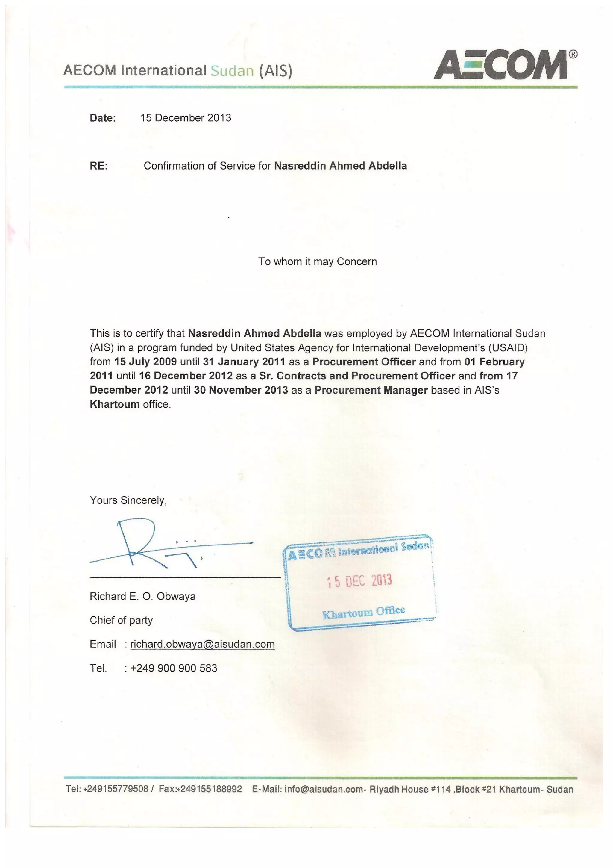 Experience Certificate AECOM 2013 | PDF