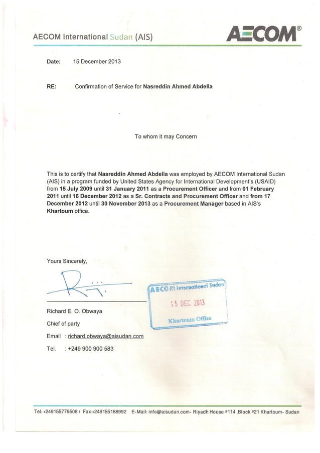 Experience Certificate AECOM 2013 | PDF