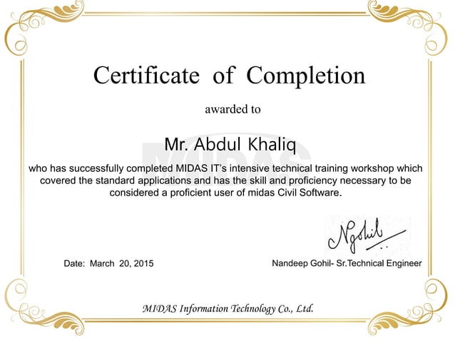 CERTIFICATE OF PROFICIENT USER OF MIDAS CIVIL | PDF