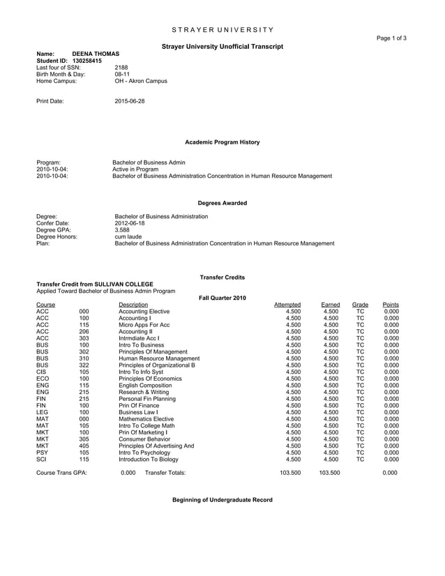 Strayer University Unofficial Transcript | PDF