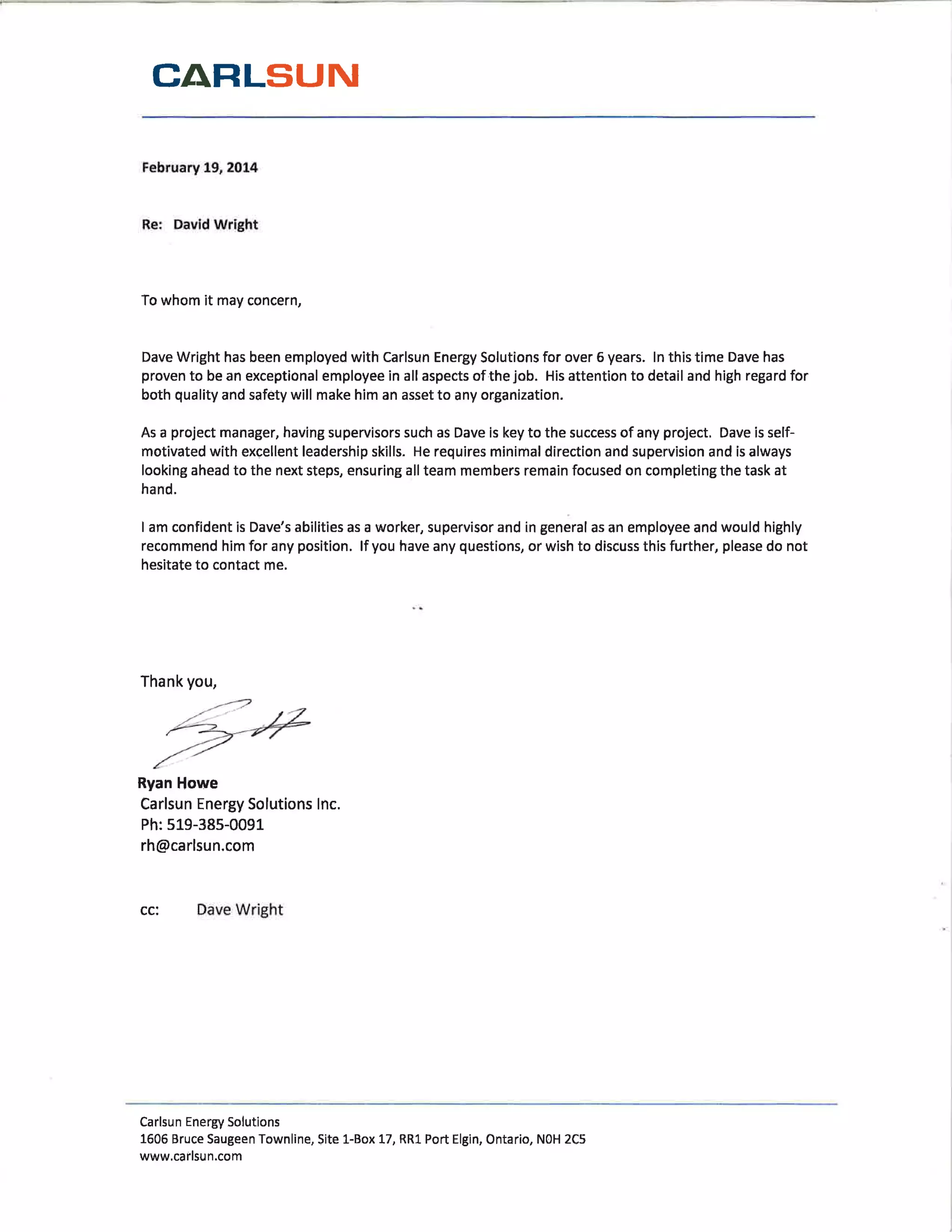 Dave Wright Reference Letter 1 | PDF