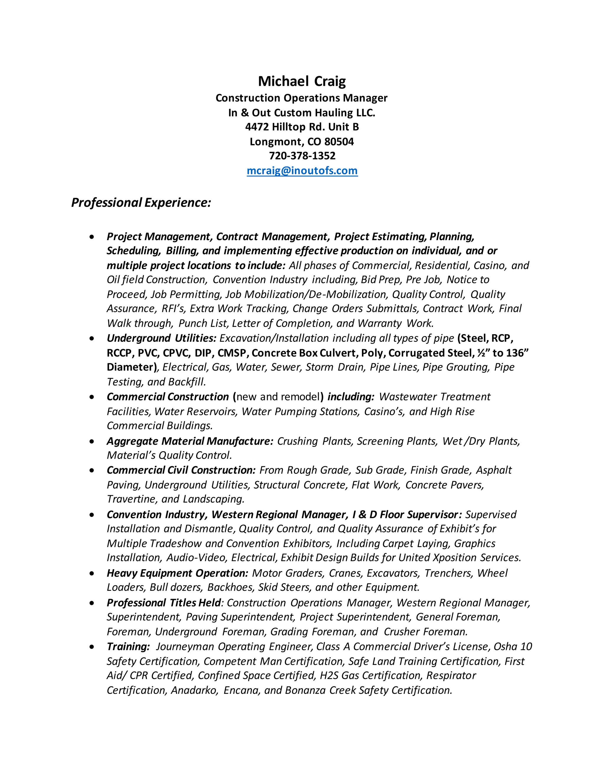 Michael Craig company resume | DOCX