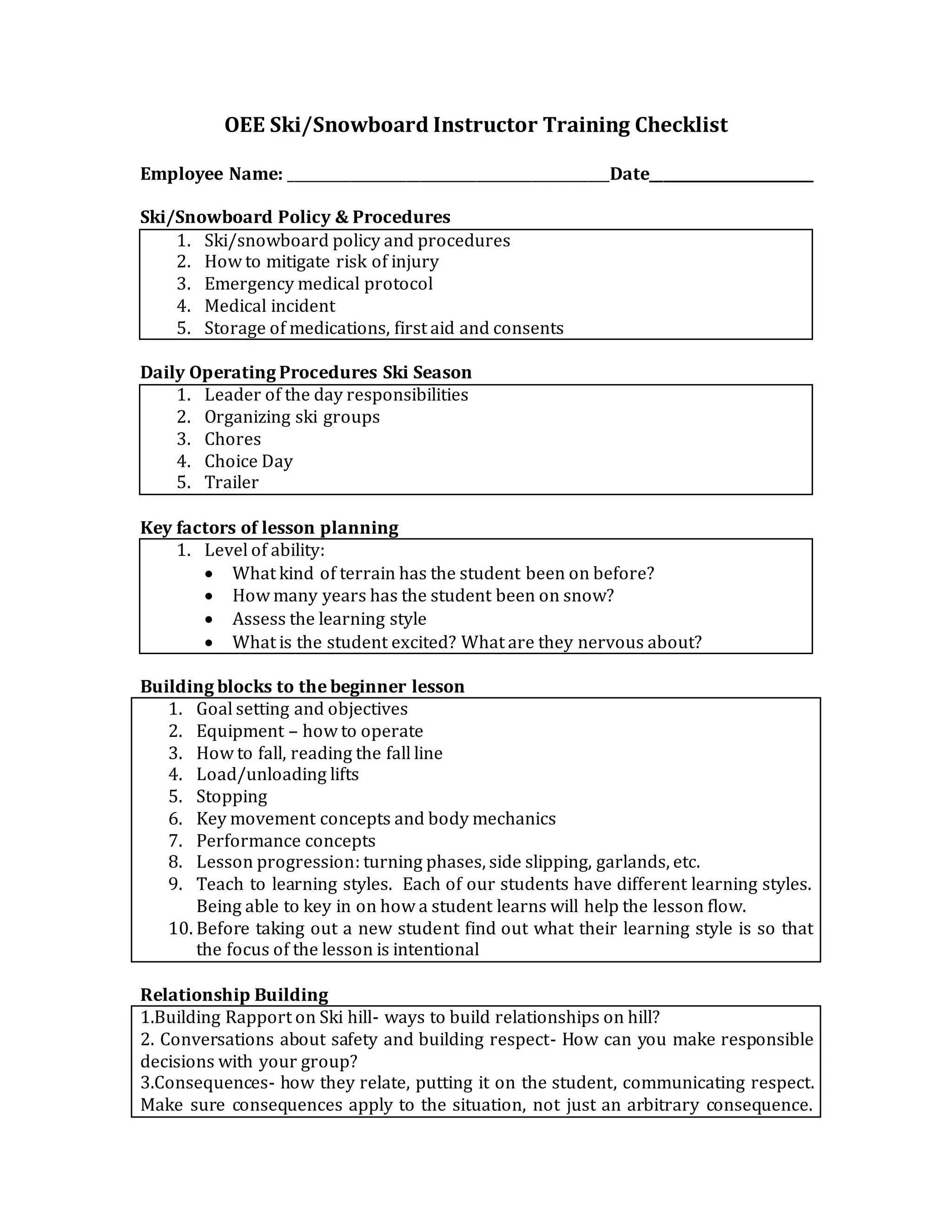 revised ski training check list | PDF