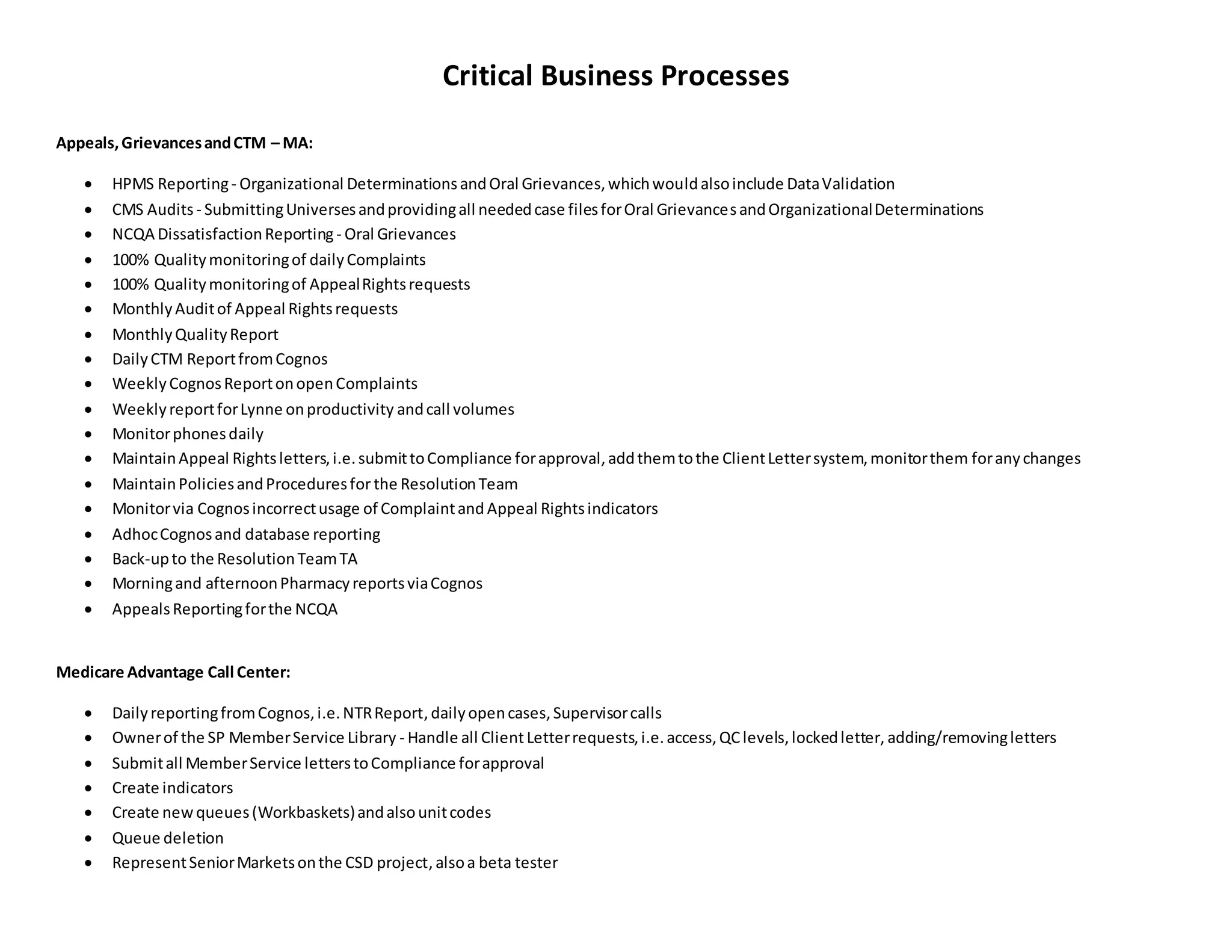 Critical Business Processes | DOCX