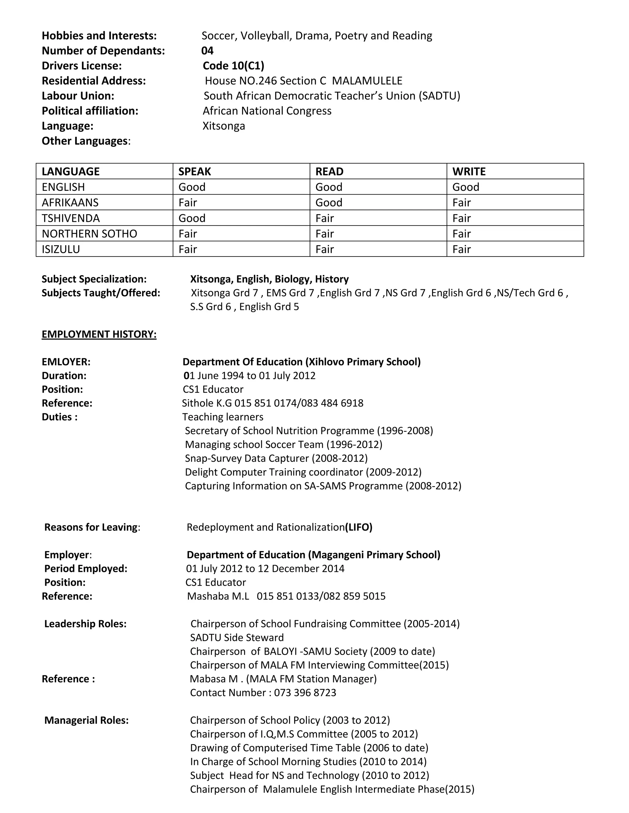 Curriculum Vitae of BALOYI M.A | PDF