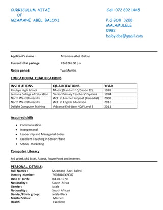 Curriculum Vitae of BALOYI M.A | PDF