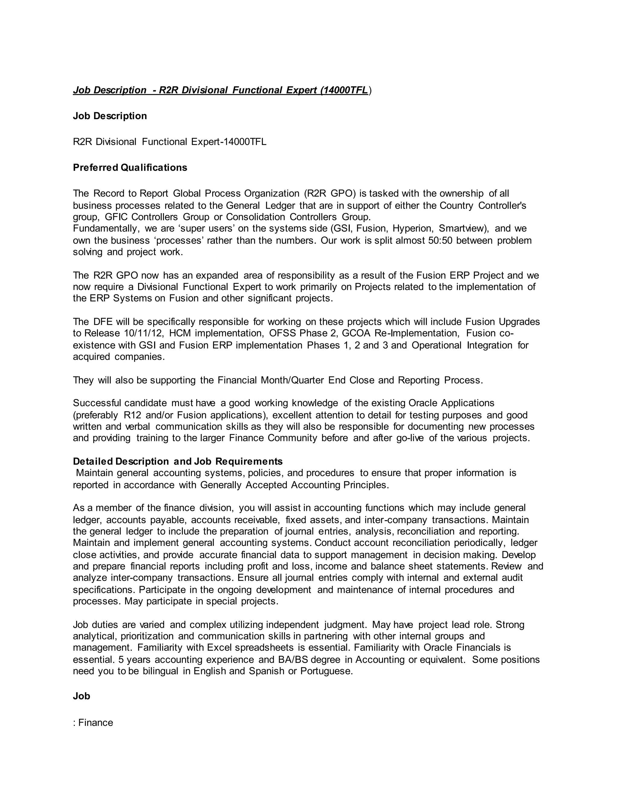 R2R Global Functional Expert Job Description | DOCX | Business ...