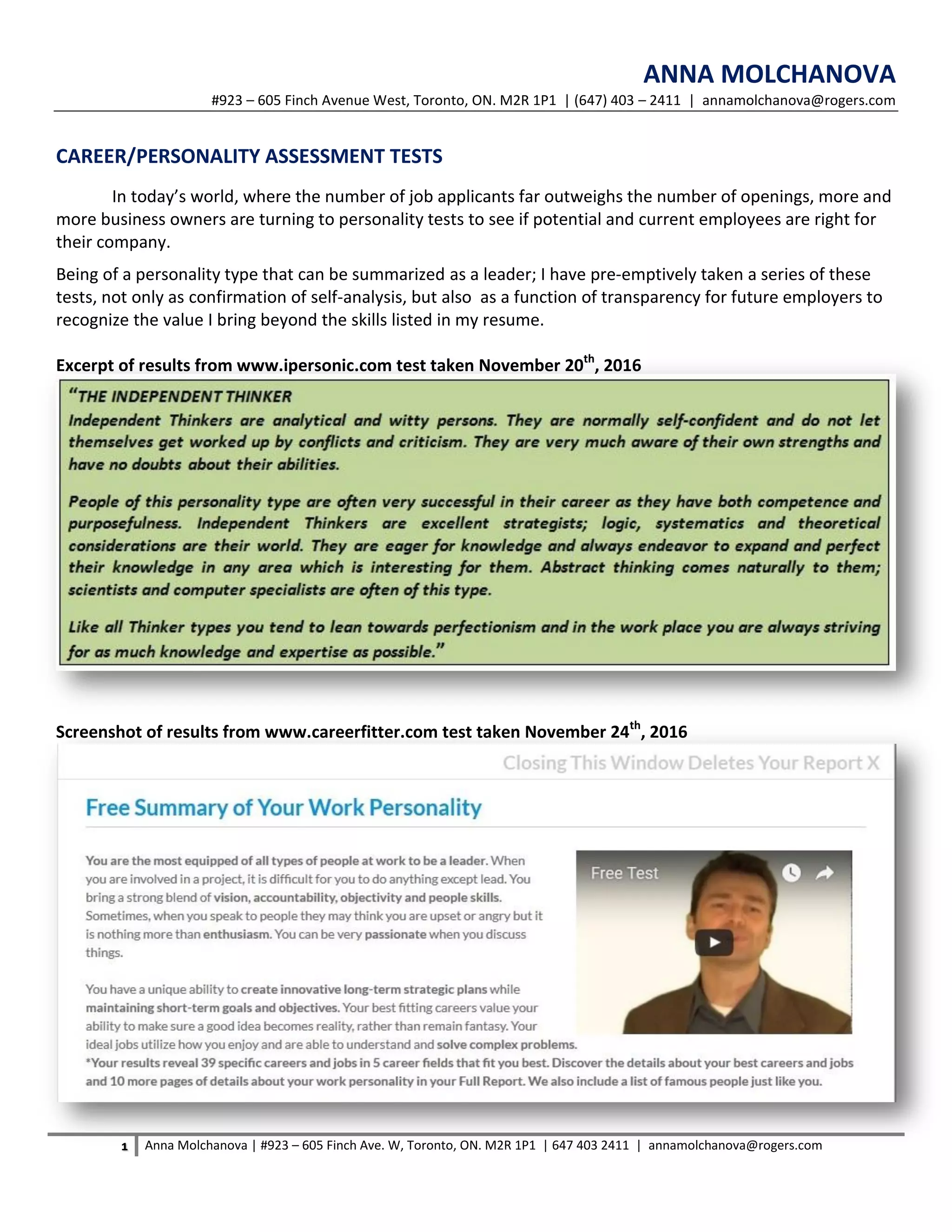 Personality Assessment Tests - Anna Molchanova | PDF