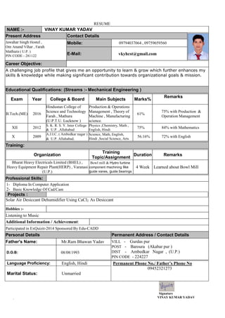 VINAY KUMAR YADAV RESUME | PDF