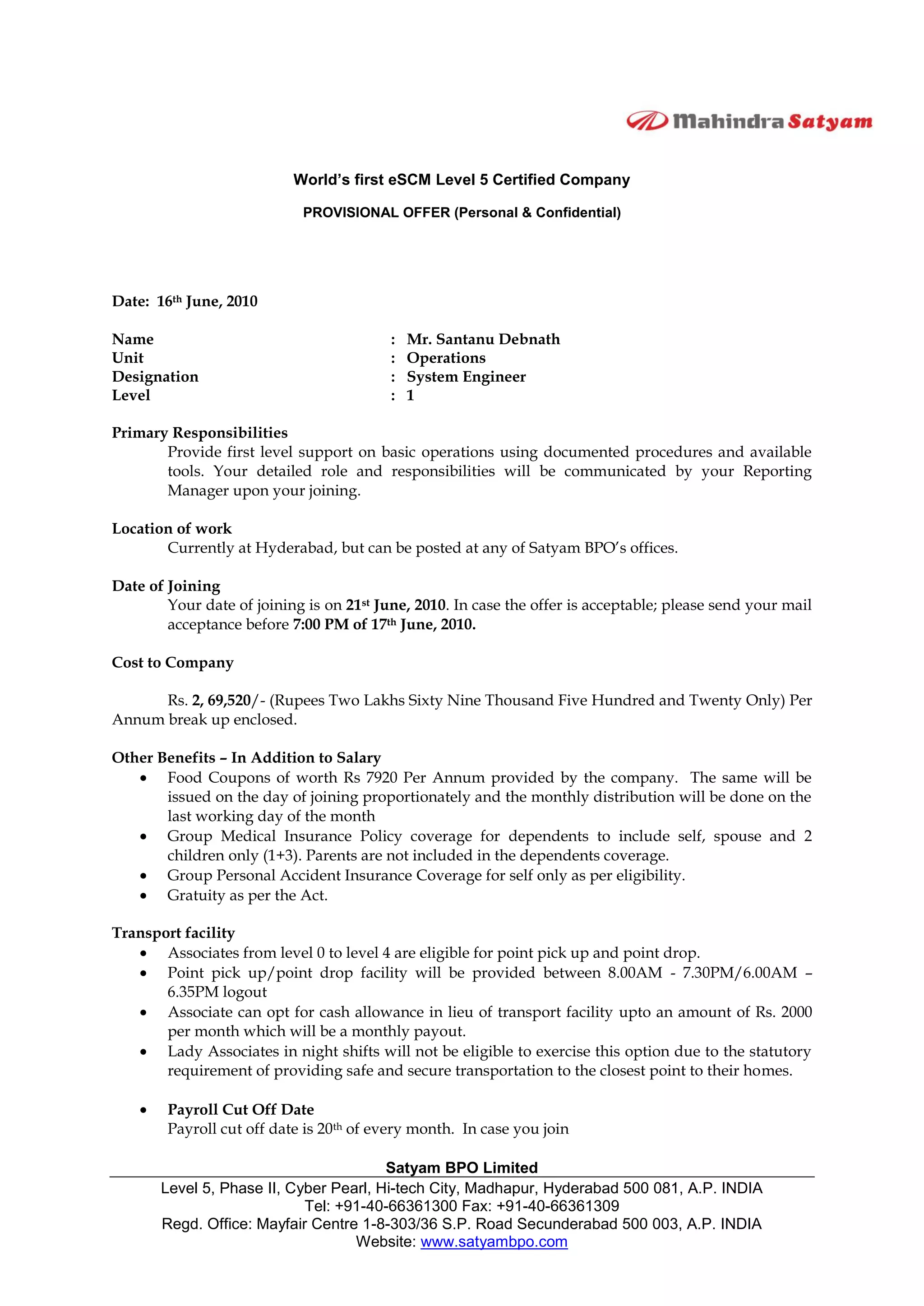 Provisional Offer Letter - Santanu Debnath | PDF
