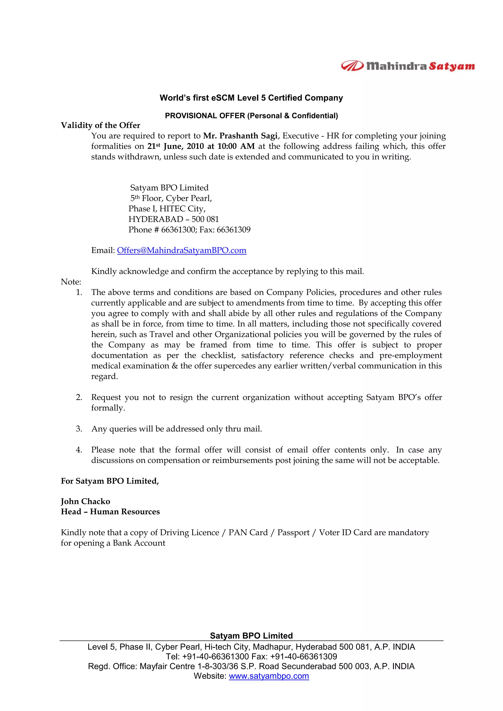 Provisional Offer Letter - Santanu Debnath | PDF