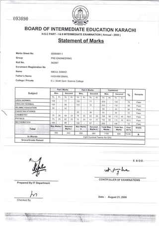 Intermediate Marksheet | PDF