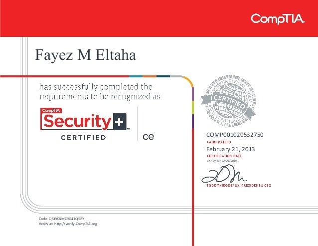 CompTIA Security+ ce certificate
