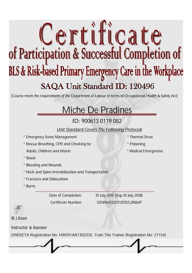 First Aid Certificate-BLS & SAQA 120496 MDePradines | PDF | First Aid | Injuries