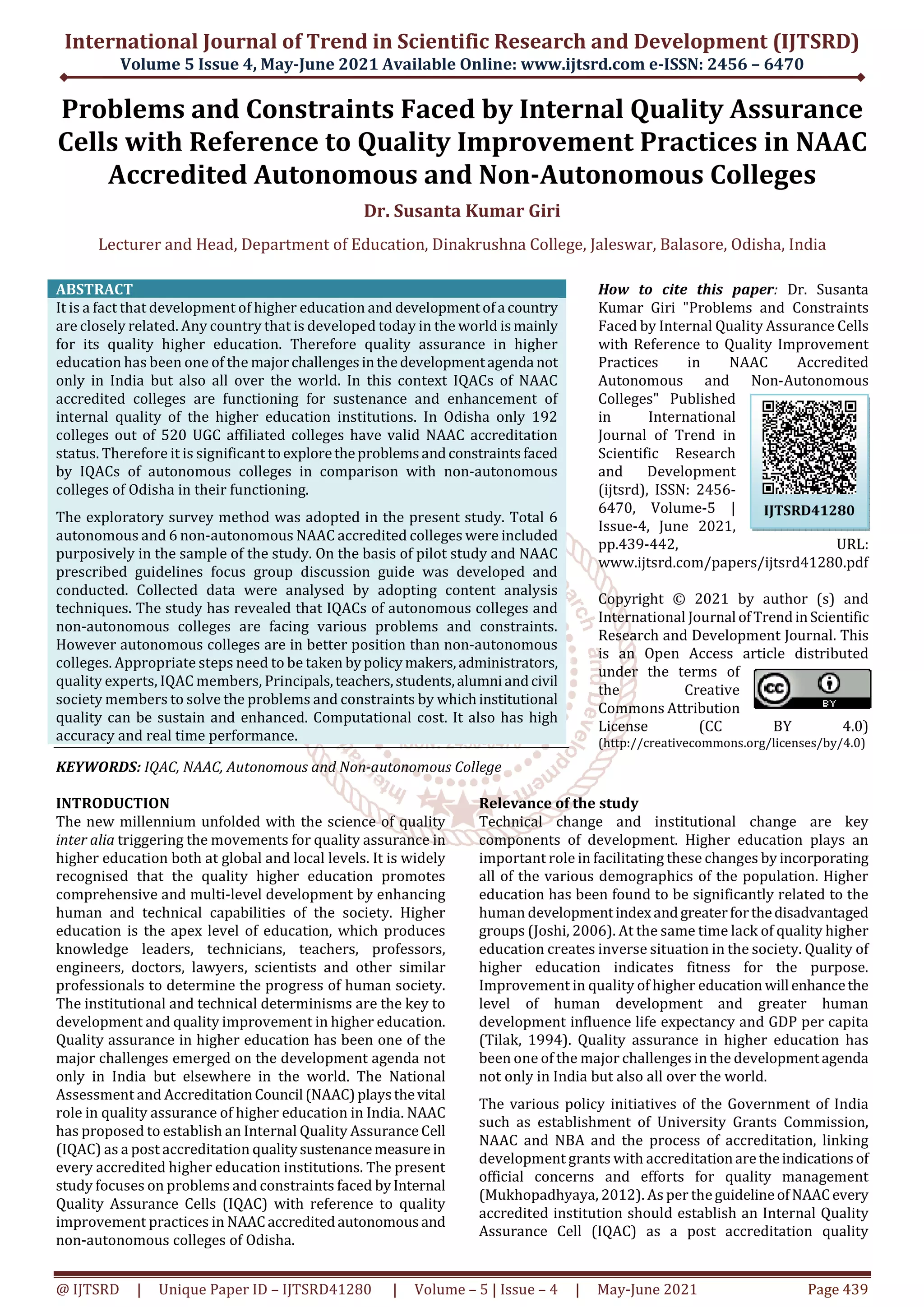 Problems and Constraints Faced by Internal Quality Assurance Cells with Reference to Quality ...