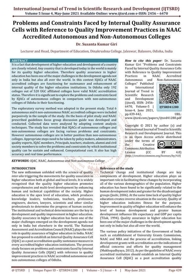 Problems and Constraints Faced by Internal Quality Assurance Cells with Reference to Quality ...
