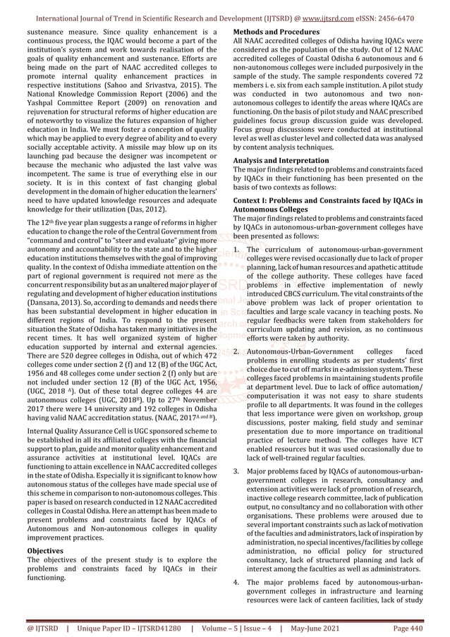 Problems and Constraints Faced by Internal Quality Assurance Cells with Reference to Quality ...