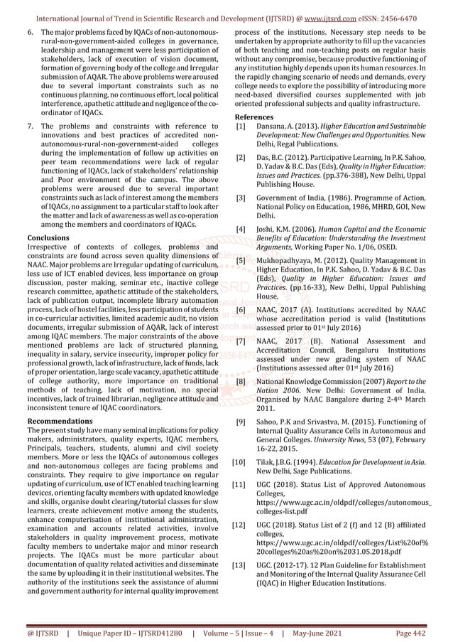 Problems and Constraints Faced by Internal Quality Assurance Cells with Reference to Quality ...