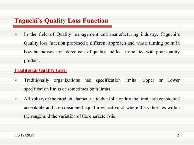 Taguchi’s Quality Loss Function in Total Quality Management | PDF ...