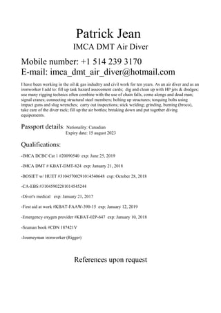 CV IMCA DMT Air Diver Patrick Jean | ODT | Scuba Diving | Extreme Sports