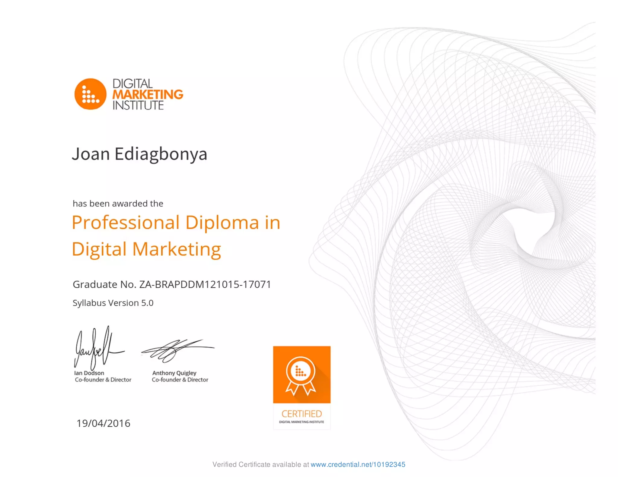 JOAN EDIAGBONYA DIGITAL MARKETING CERTIFICATE, DMI, IRELAND. | PPT