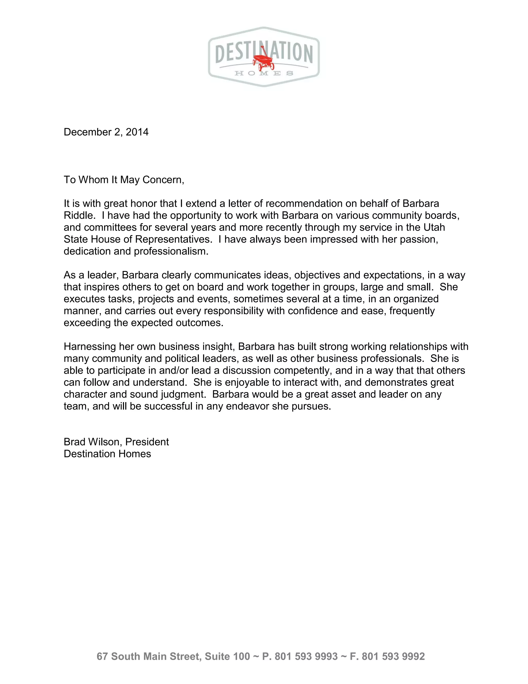 Rep. Brad Wilson - Ltr of Reference | PDF