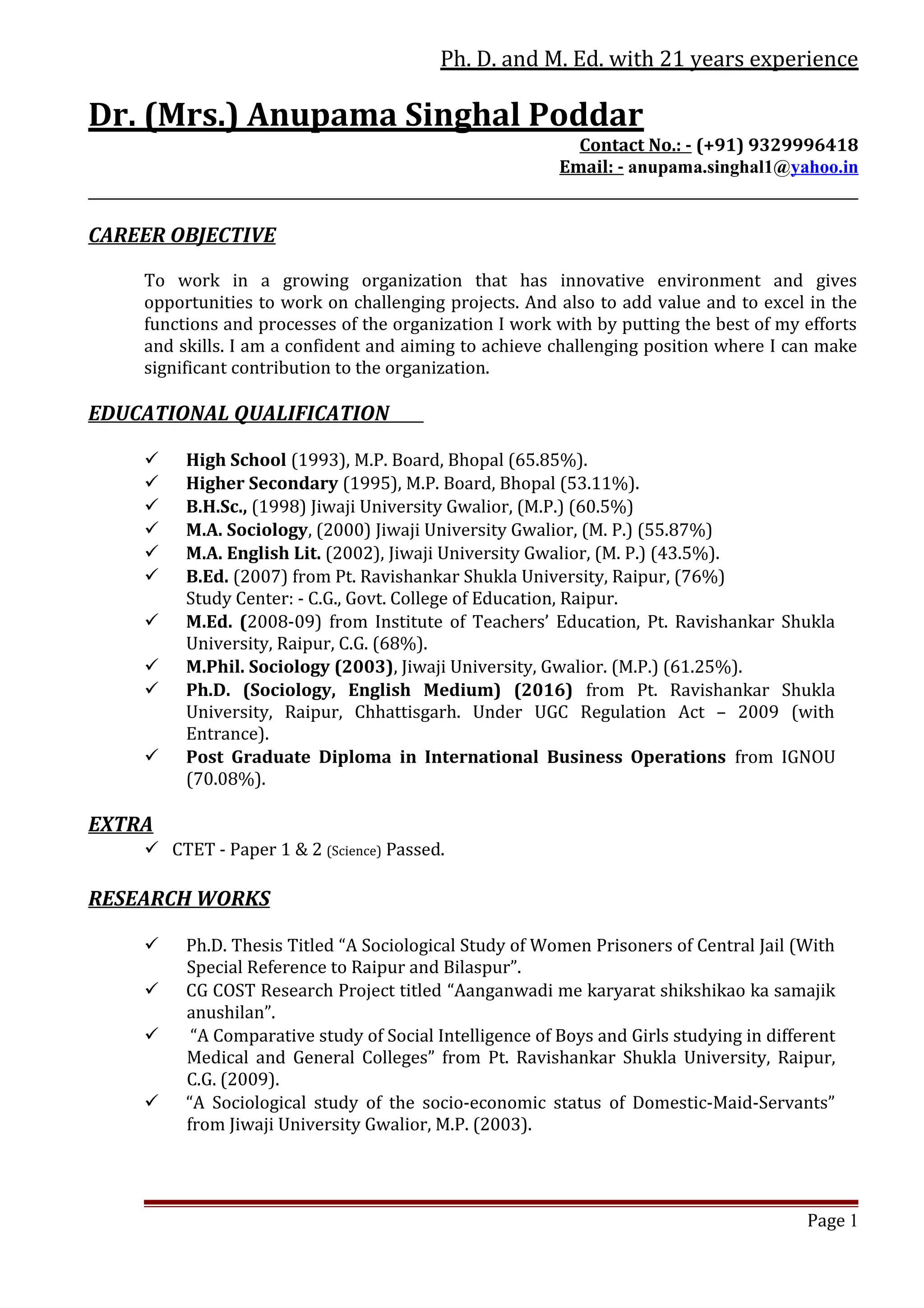 Resume -Anupama S Poddar CG | PDF