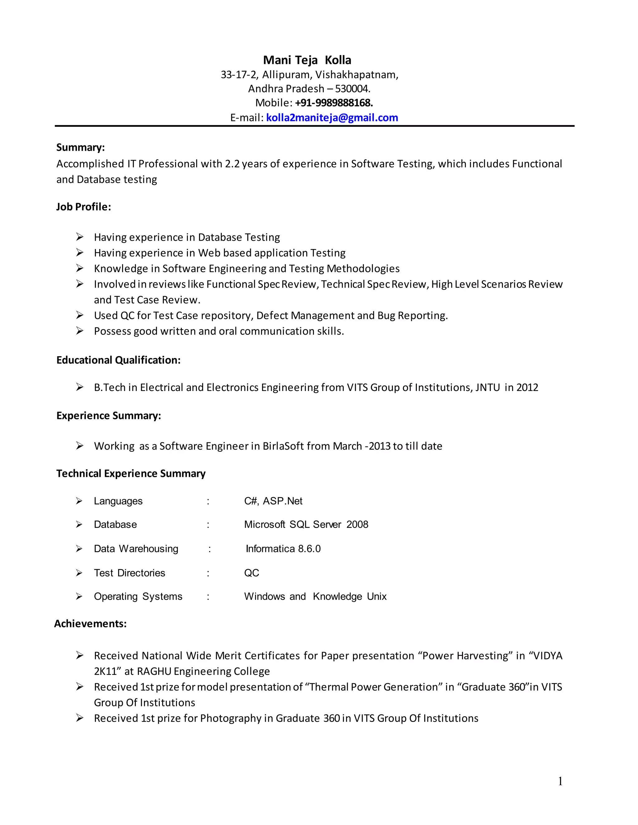 Teja Resume (1) | PDF