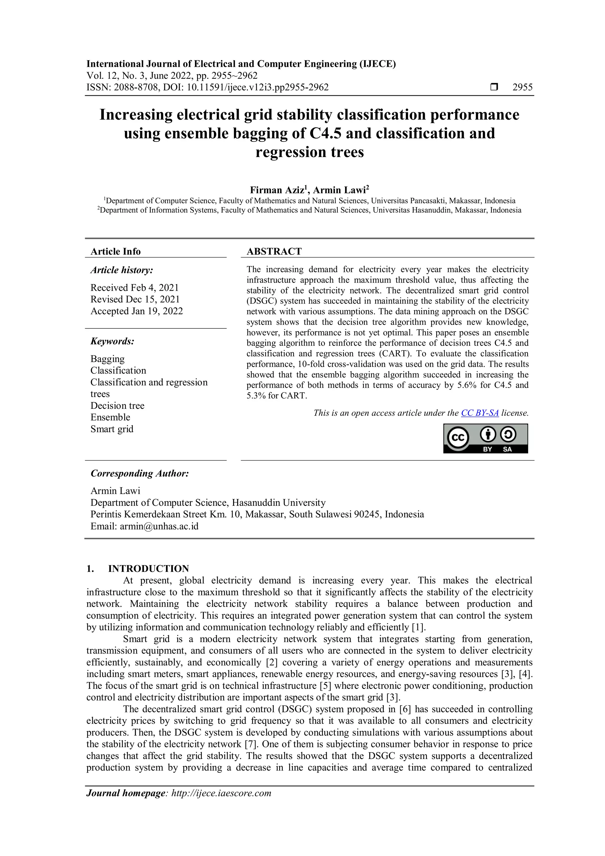 Increasing electrical grid stability classification performance using ensemble bagging of C4.5 ...