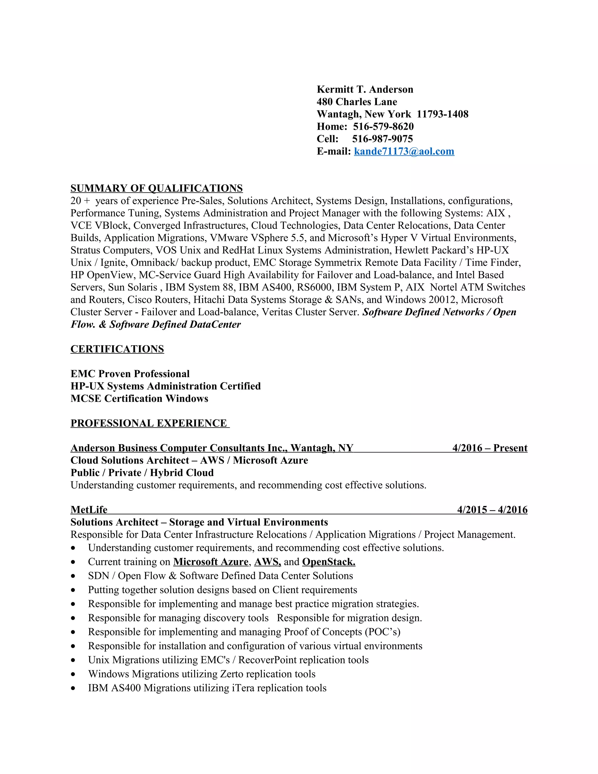 Kermitt Anderson Resume - Current As Of 1-6-2017 | PDF