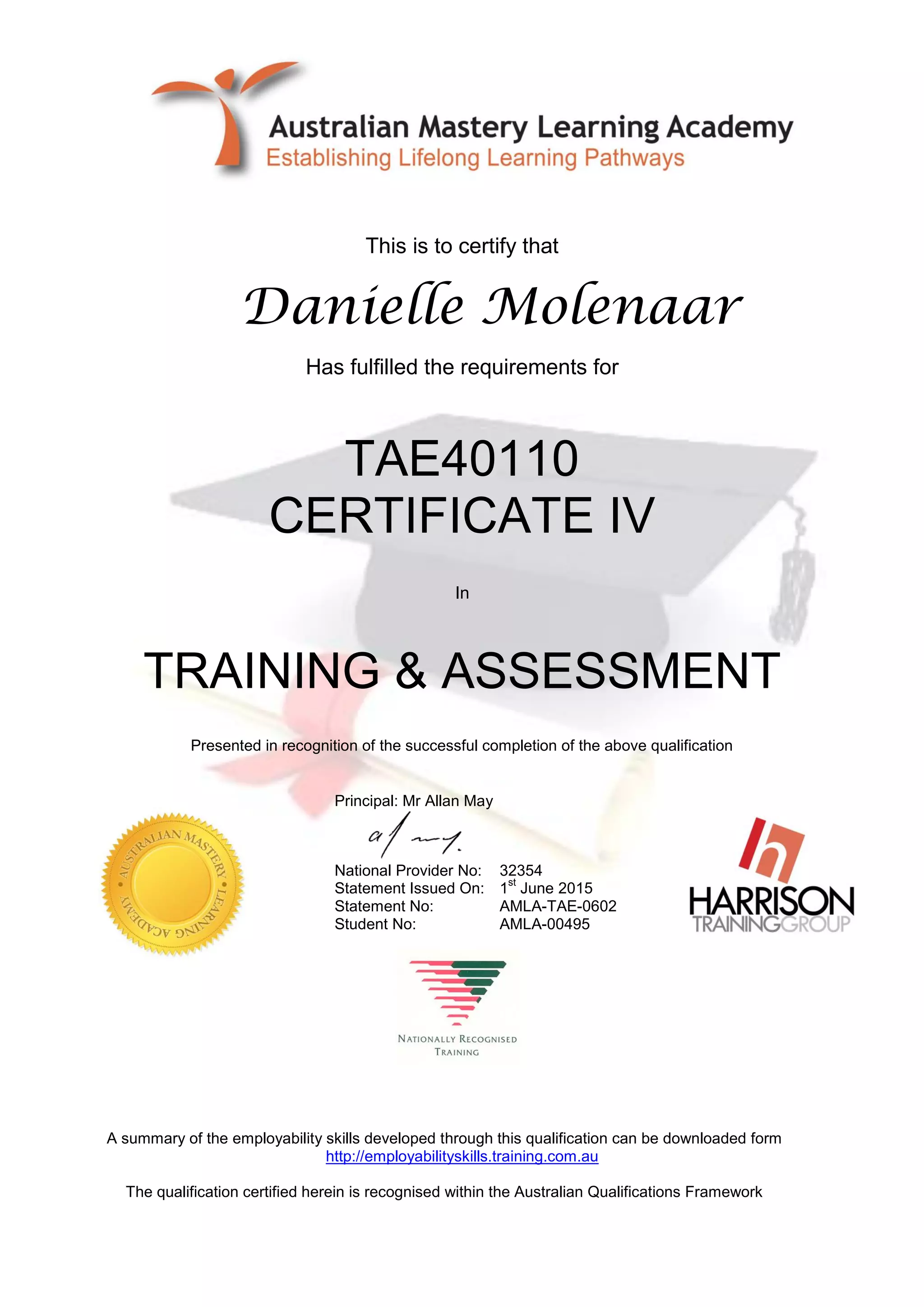 QUAL Certificate TAE40110 | PDF