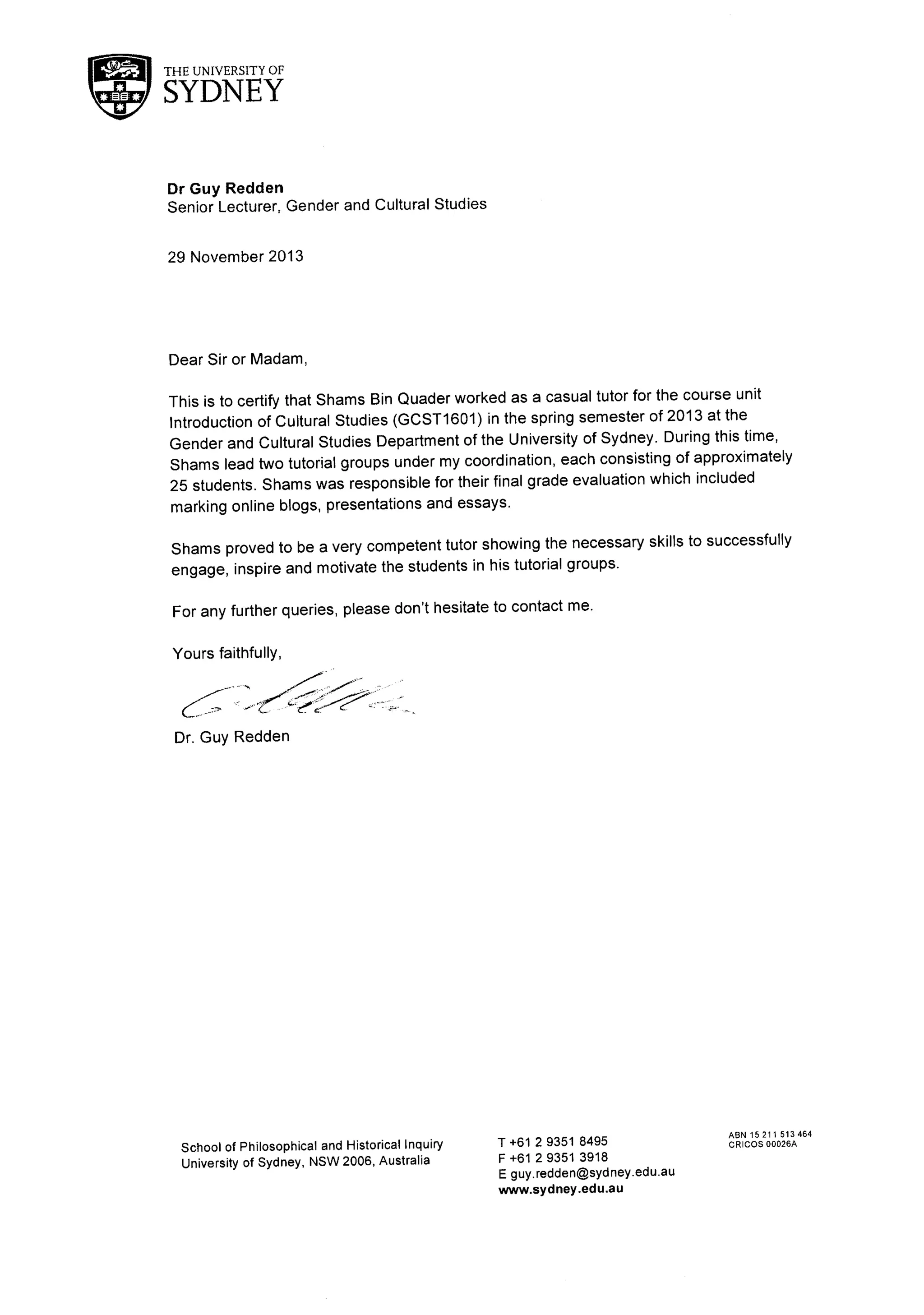 Usyd Tutor Certificate Letter | PDF