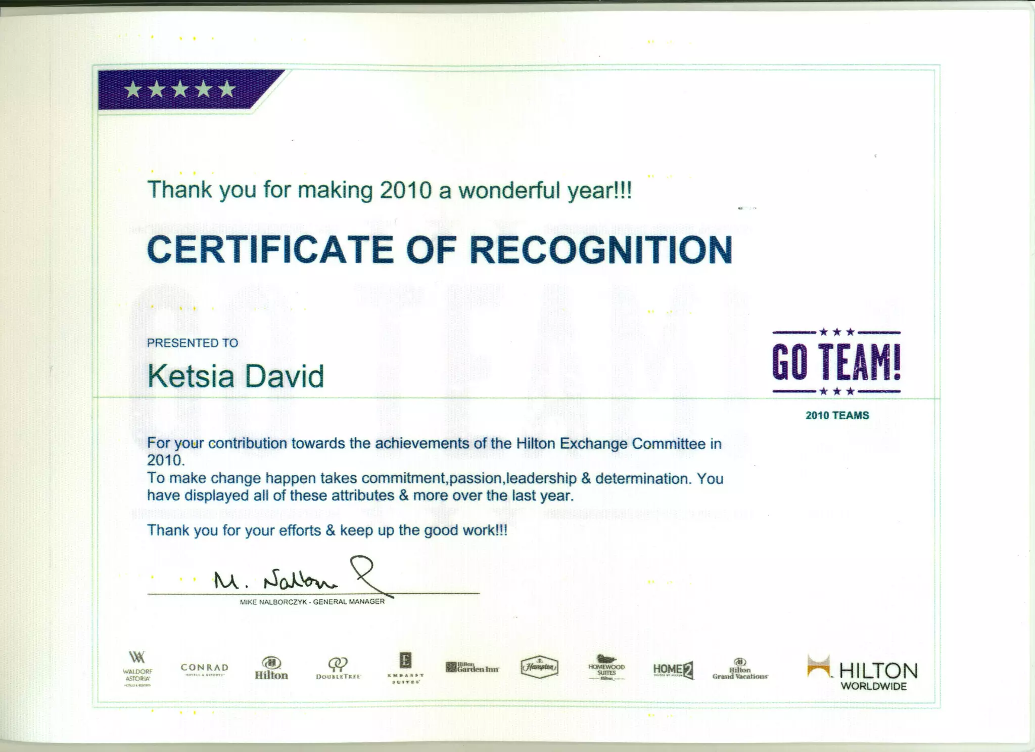 Hilton Exchange Committee - Certificate Of Appreciation | PDF