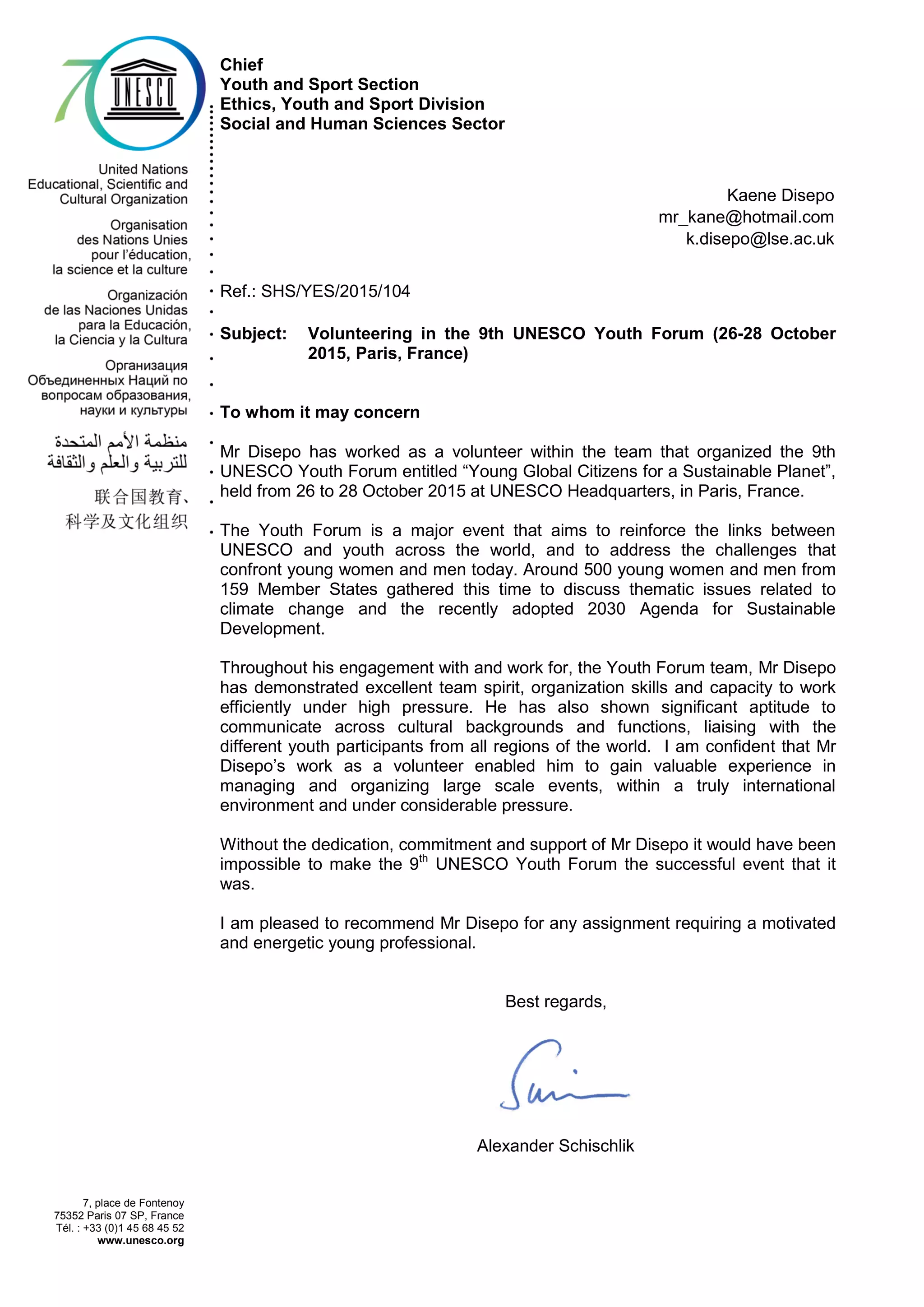 DISEPO, Kaene_Letter of recommendation UNESCO | PDF | Science