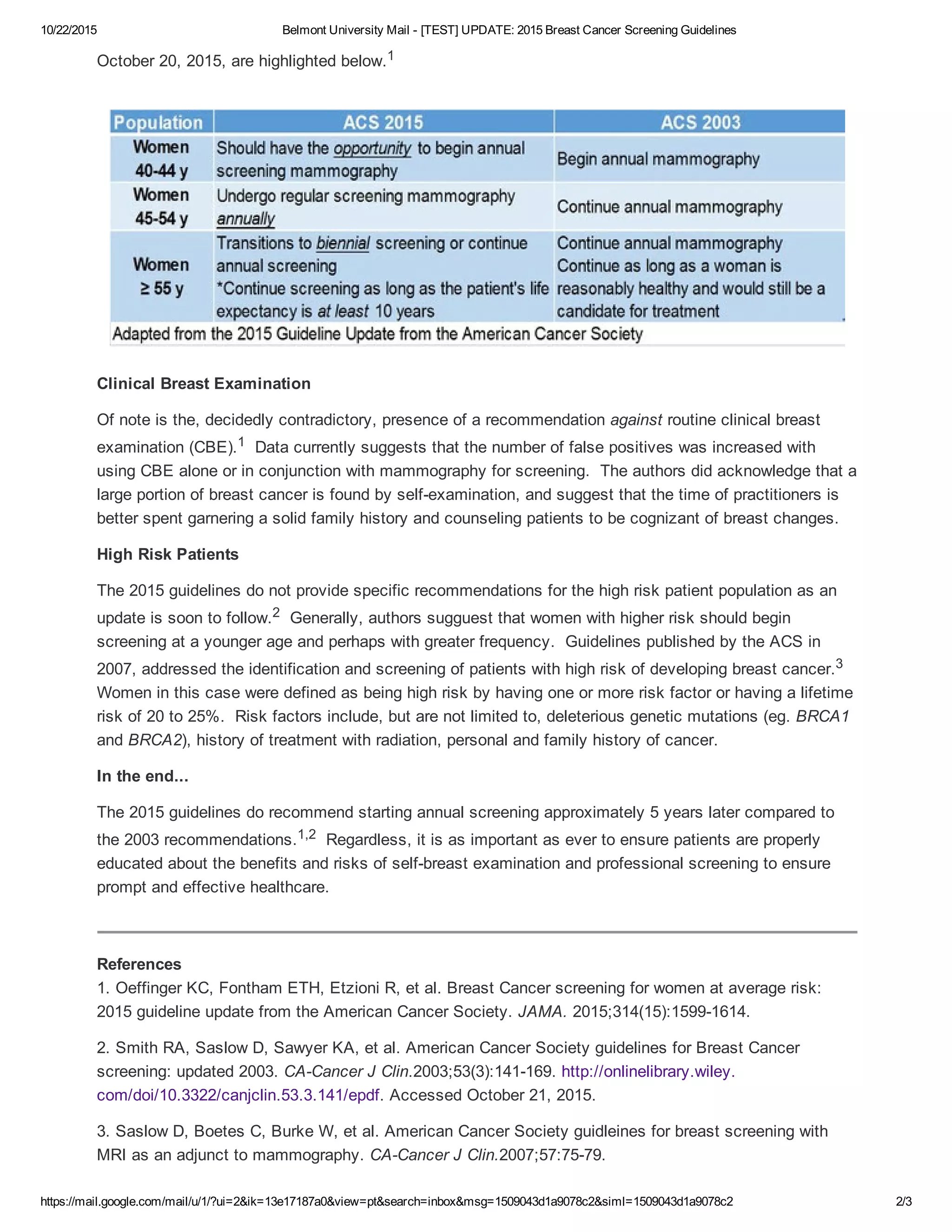 UPDATE 2015 Breast Cancer Screening Guidelines | PDF | Cancer ...