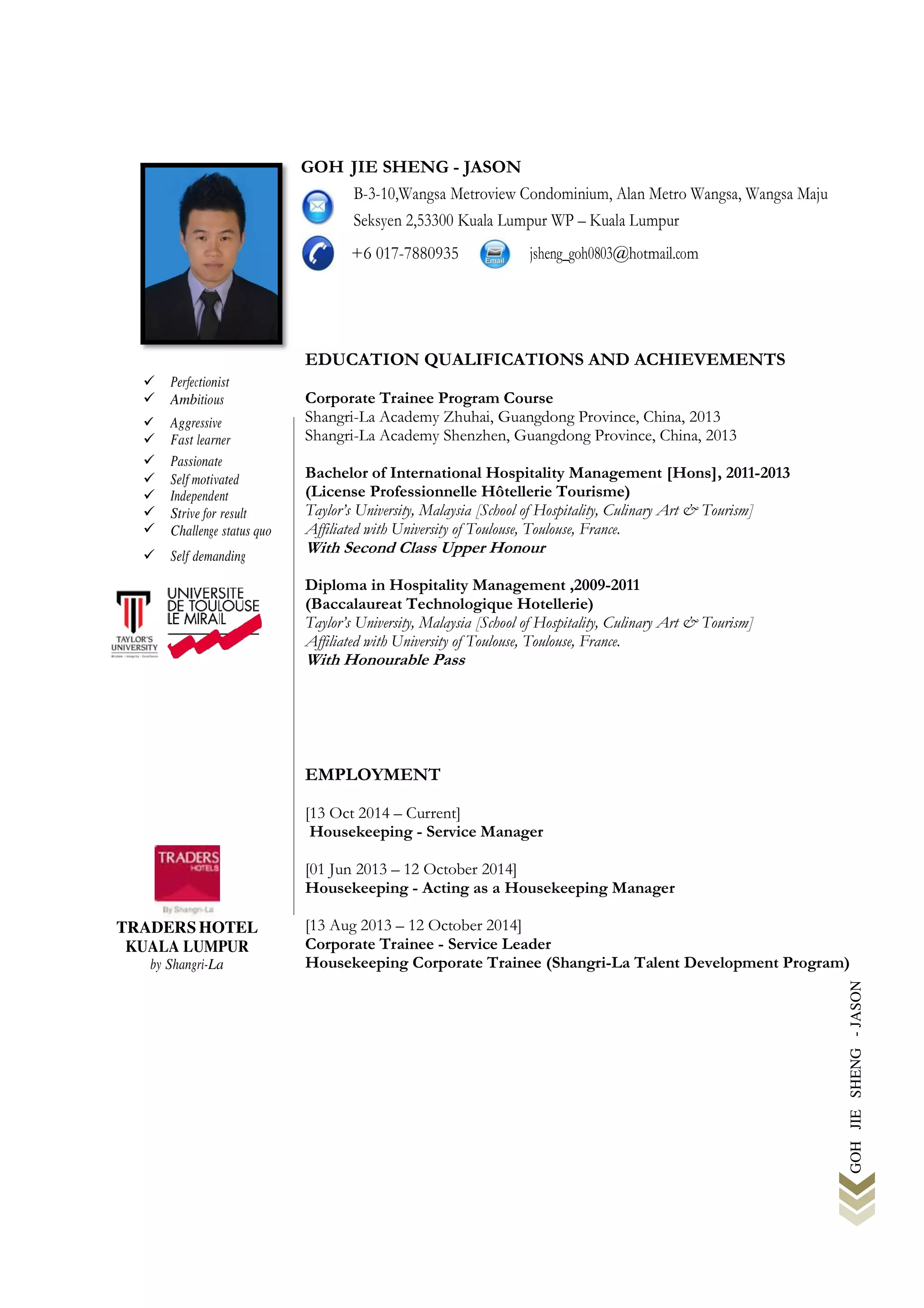 CV - Goh Jie Sheng - Jason | PDF | Hotels and Motels | Travel Type