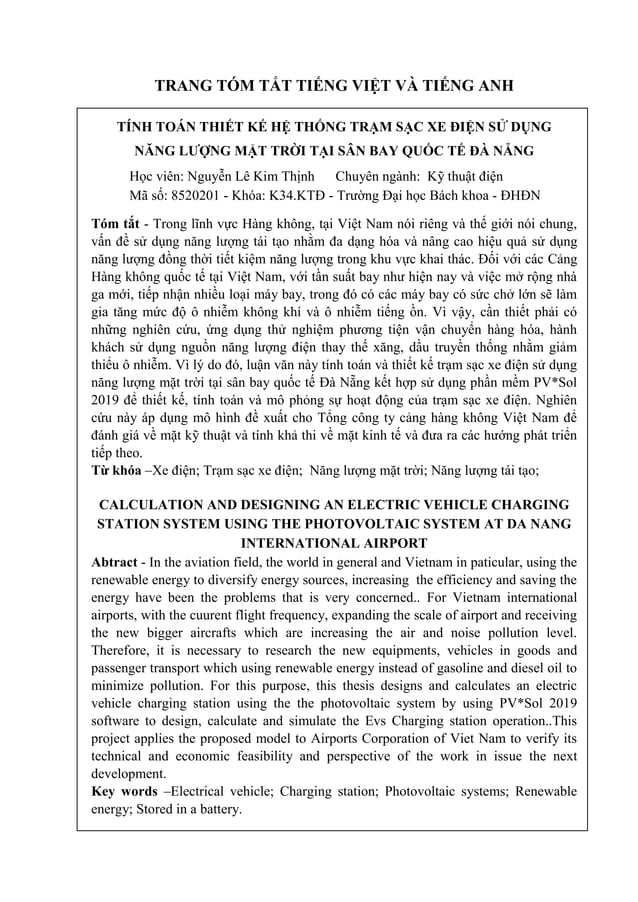 TÍNH TOAN THIẾT KẾ HỆ THỐNG TRẠM SẠC XE ĐIỆN SỬ DỤNG NĂNG LƯỢNG MẶT TRỜI TẠI SÂN BAY QUỐC TẾ ĐÀ ...